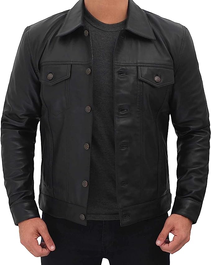 Biker Jacket Men - Fernando Black Leather Trucker Jacket – The Prime Jacket